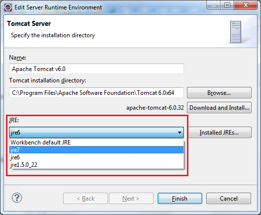 How to change Java runtime environment for Tomcat in Eclipse